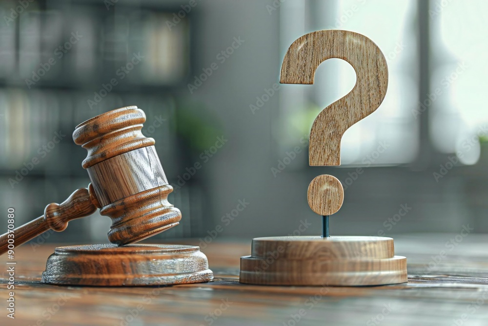 Beautiful closeup of question mark and auction gavel, symbolizing law ...