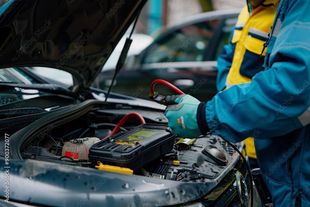 Mechanic in blue uniform uses diagnostic tool under car hood. Close-up ...