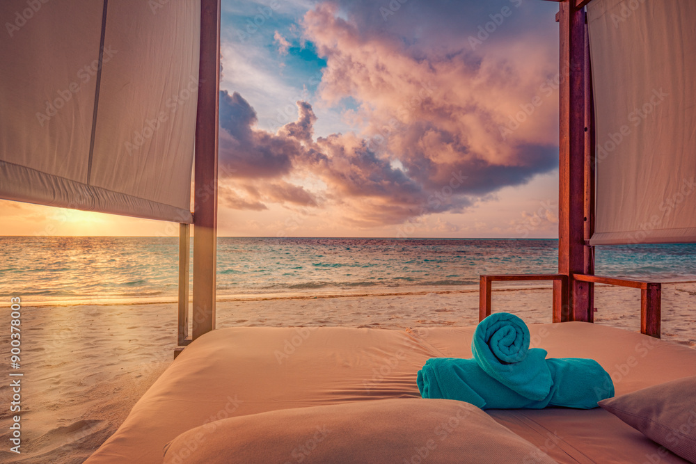 Perfect lounge leisure beach. Canopy towels sandy beach sea. Luxury ...