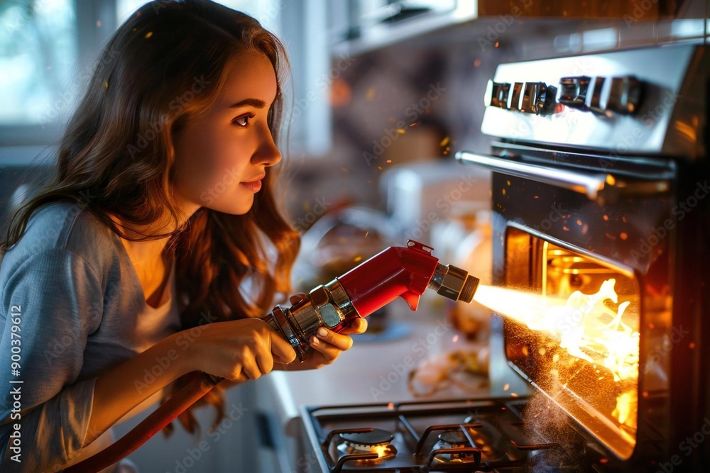 Beautiful young woman skillfully using a fire extinguisher to ...