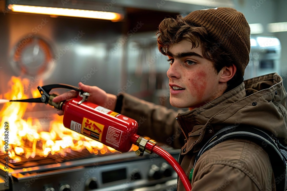 Beautiful young man expertly using red fire extinguisher to stop ...