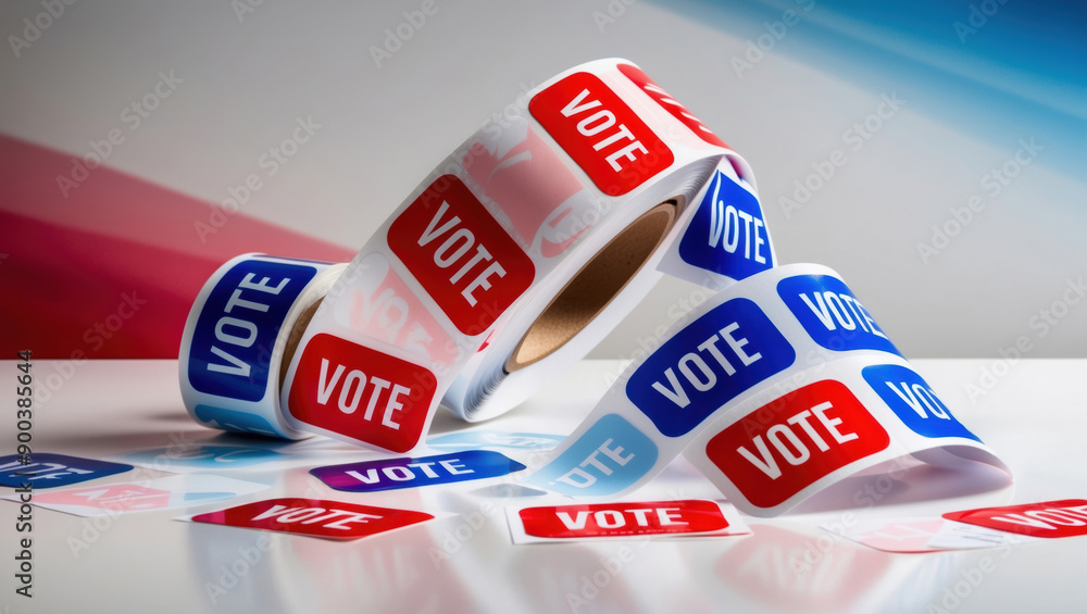 Roll of red, white, and blue vote stickers unfurling on a reflective ...