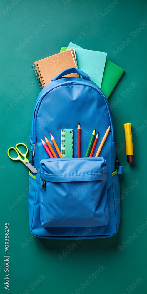 Welcome back to school concept. A new blue school bag with school tools ...