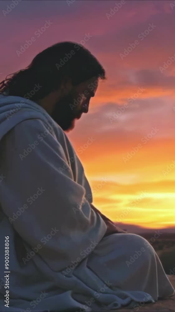 Jesus Christ praying in desert at night animation -- 4k stock video ...