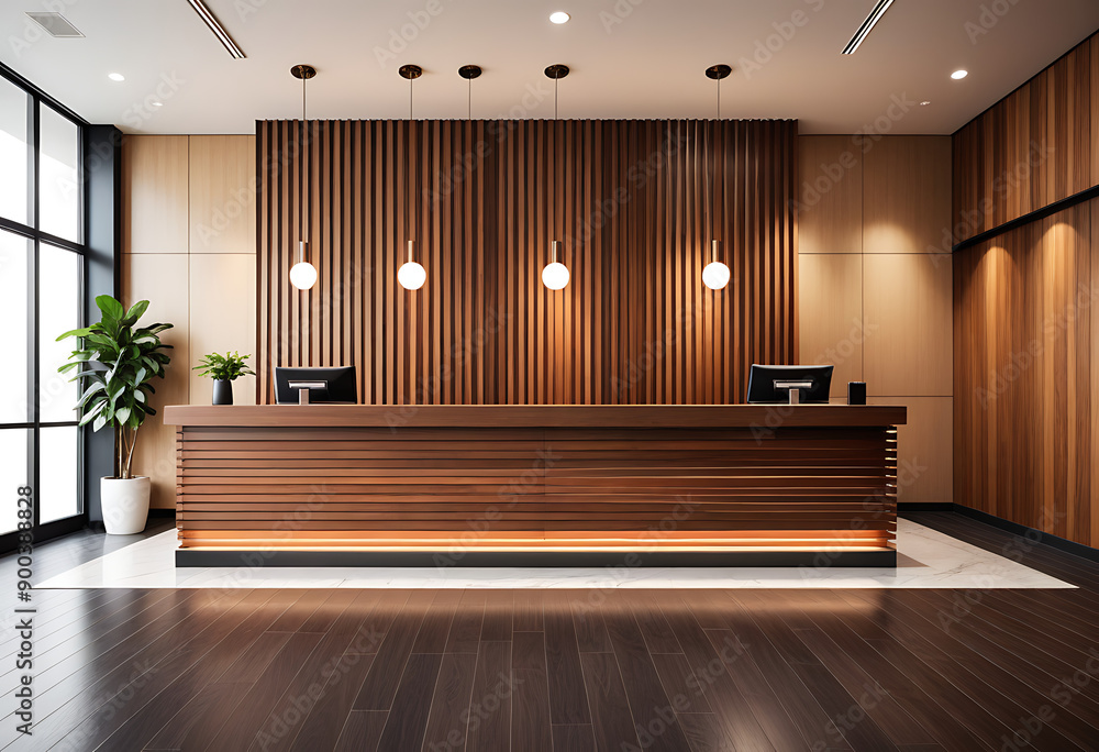 modern lobby interior long wooden reception desk polished dark floor ...