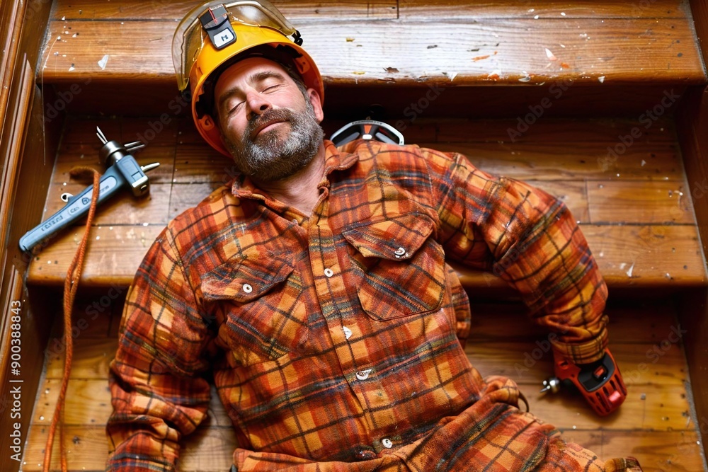 Foto de Beautiful unconscious handyman lying on staircase with helmet ...