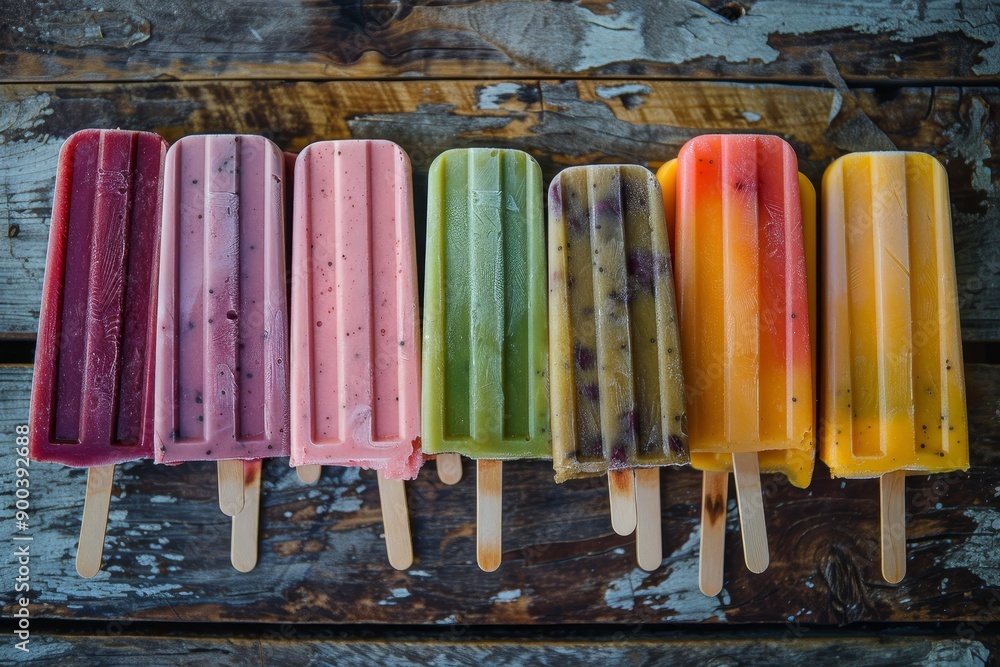 row of popsicles with different colors of ice cream, Popsicles of ...