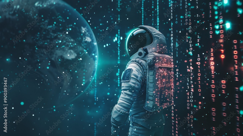Space traveler and digital world. An astronaut encounters a cascade of ...