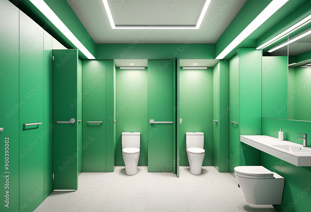 green public bathroom interior toilet cubicles opened door mockup wall ...