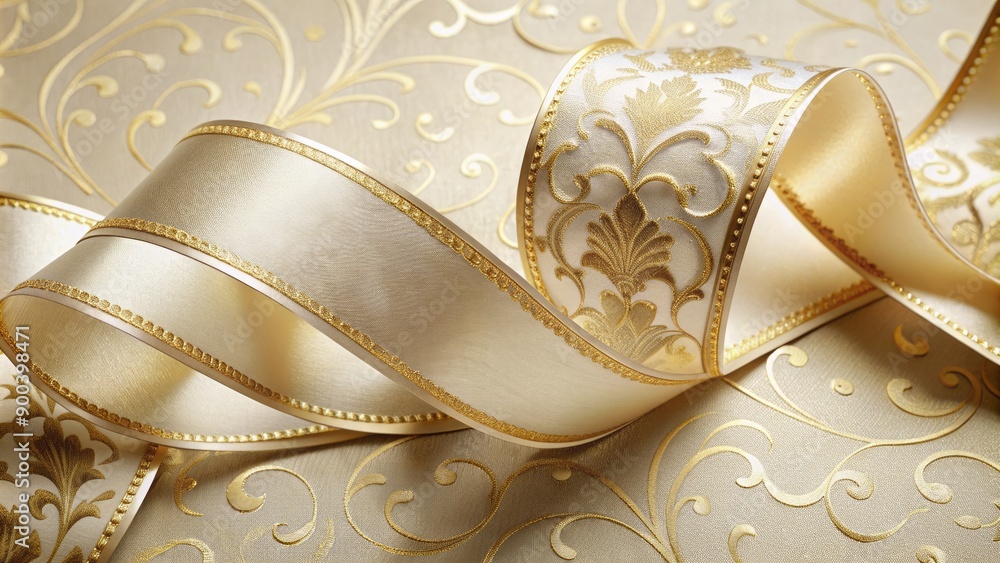 Elegant curl of luxurious satin ribbon adorned with ornate golden ...