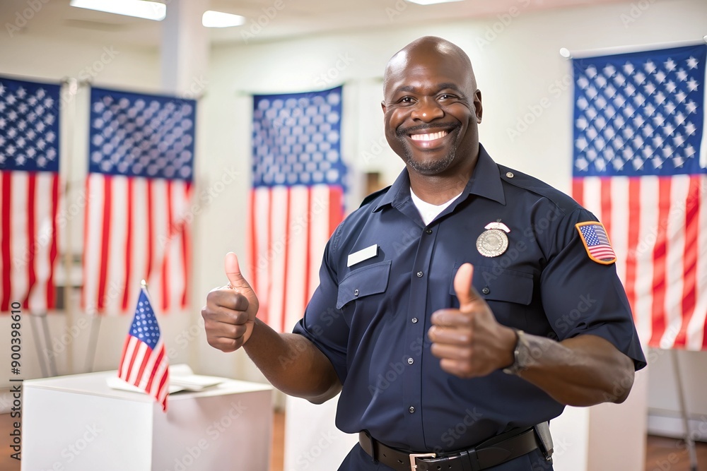 African american police officer giving thumbs up in a us election ...