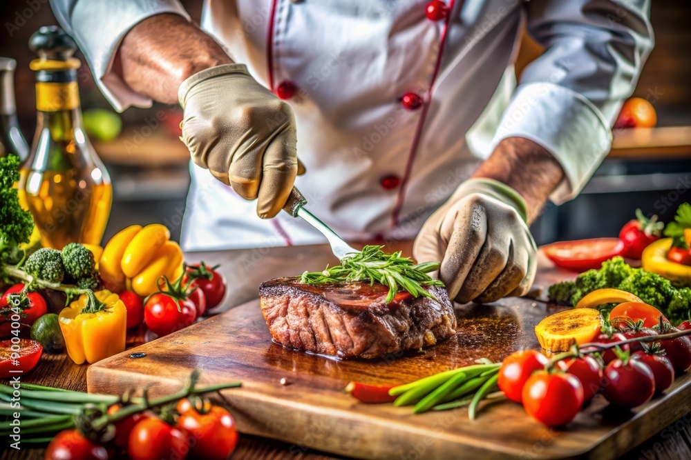 Skilled hands expertly cook a juicy beef steak in a busy restaurant ...