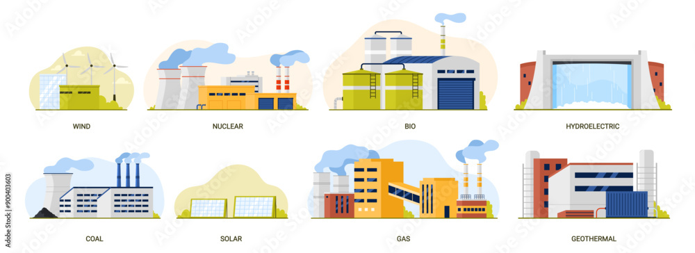 Power plants types set for energy generation. Eco sustainable wind and ...