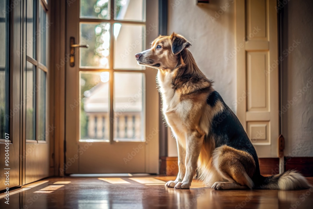 Loyal canine companion patiently sits by the door, gazing longingly ...