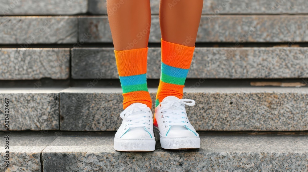Image of kids feet in mismatched socks and white sneakers on stairs ...