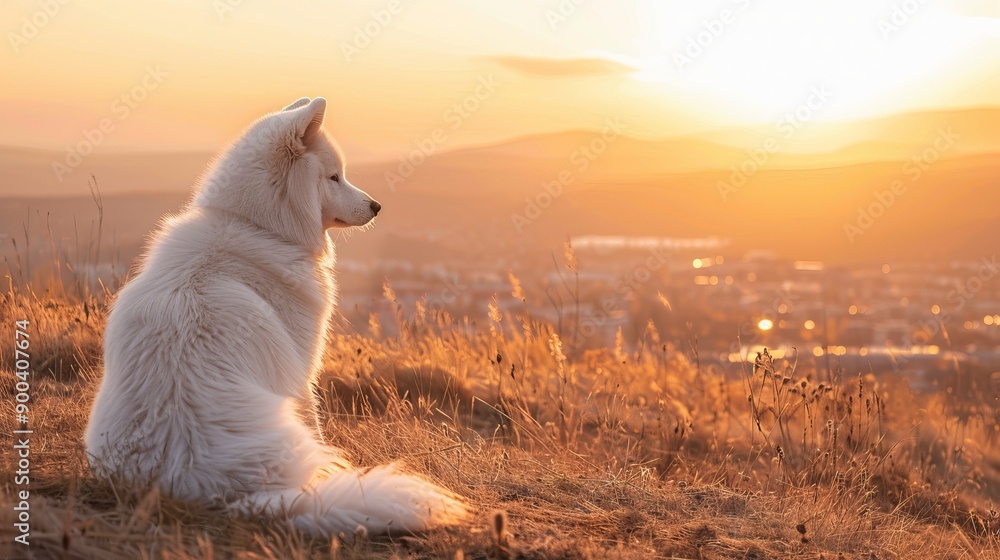 A beautiful white Samoyed sitting on the dry grass on top of the hill ...