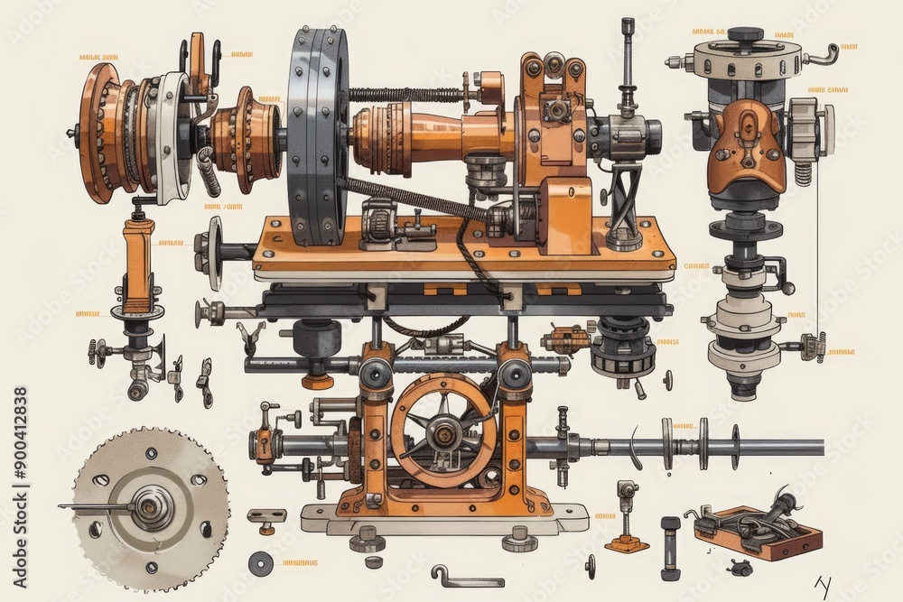 drawing of machine with many parts, diagram explaining the inner ...