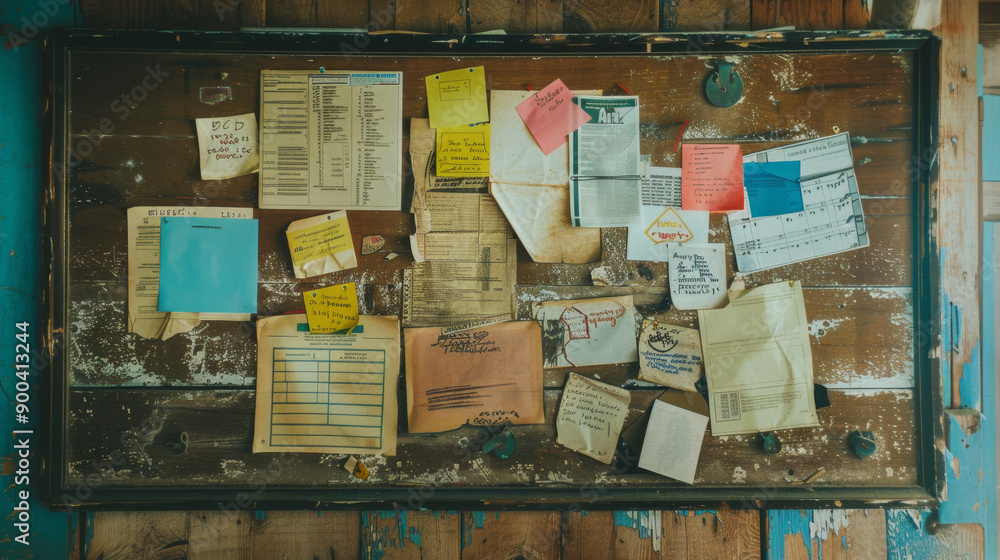A rustic bulletin board, covered in various notes and papers, serves as ...