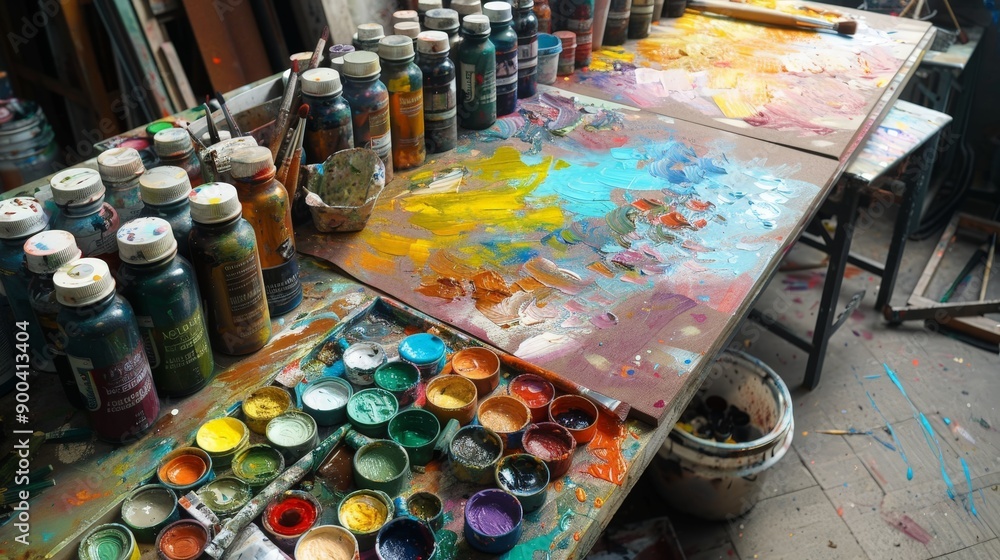Foto de Imagine an art studio table covered in paints and canvases ...