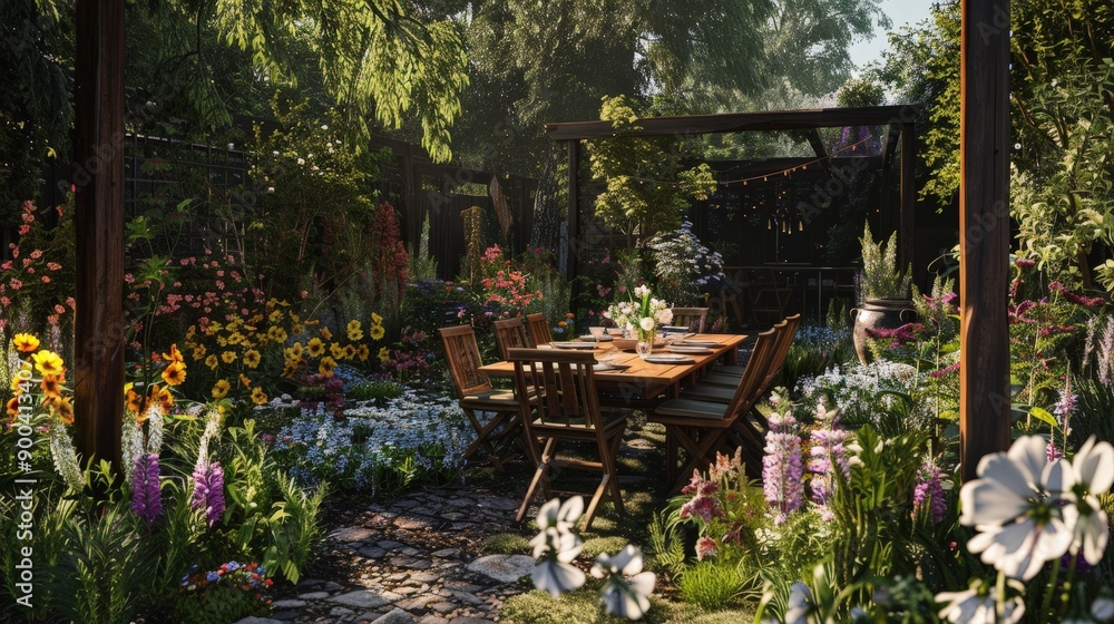 Imagine an outdoor dining table in a garden. What flowers and plants ...