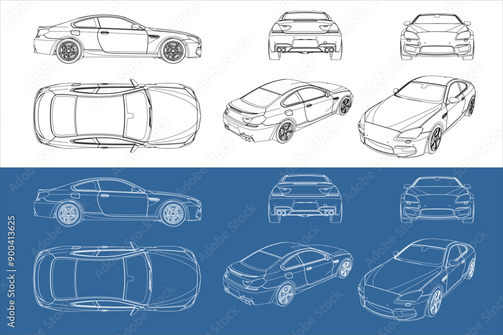 vector sport car line art draw blueprint wireframe from all view top ...