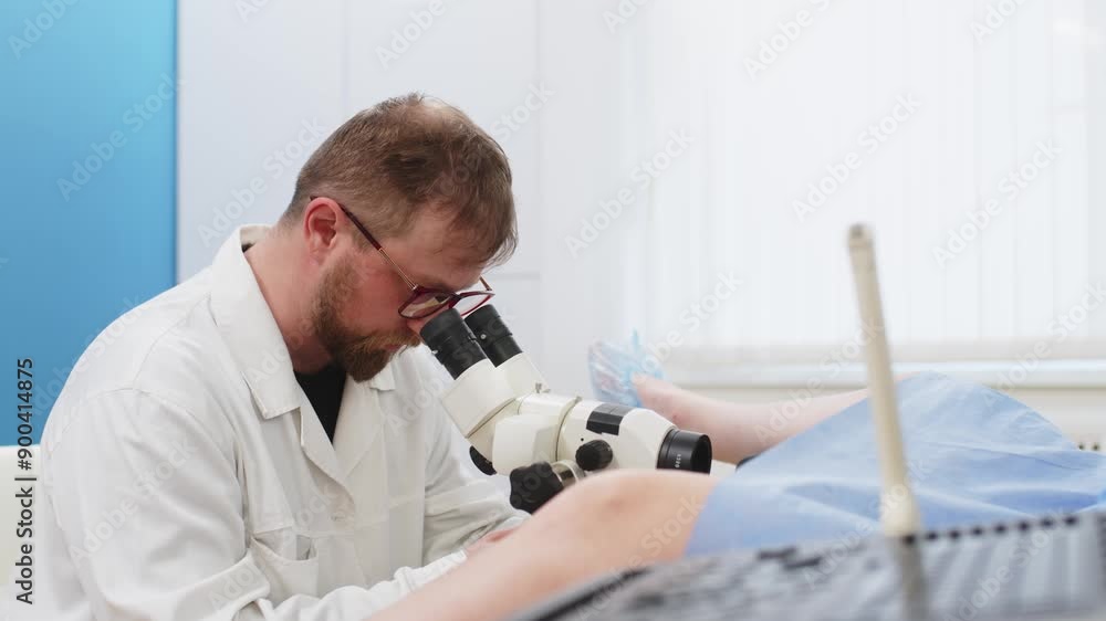 A woman lies on a gynecological chair during a colposcopy procedure ...