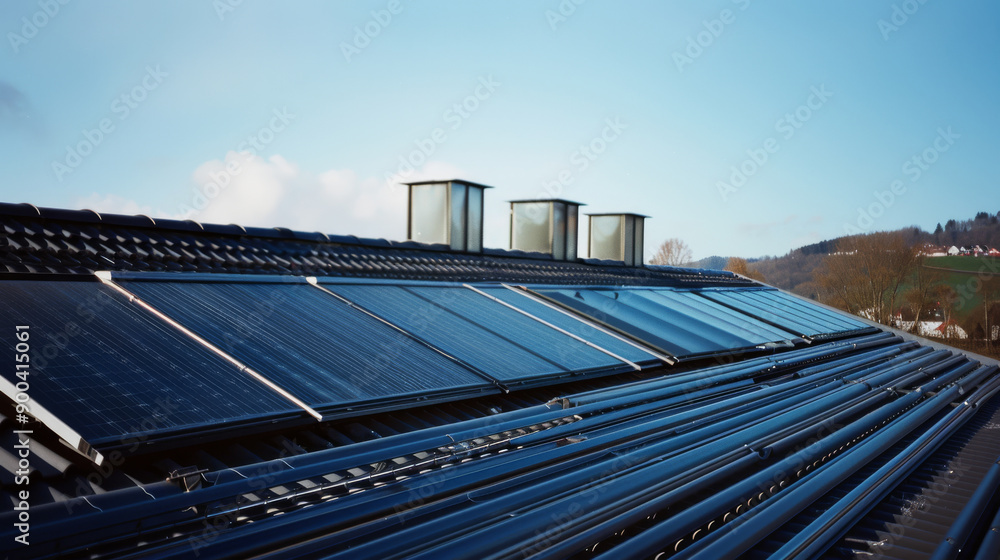 Solar panels glint under a clear sky on a modern rooftop, representing ...