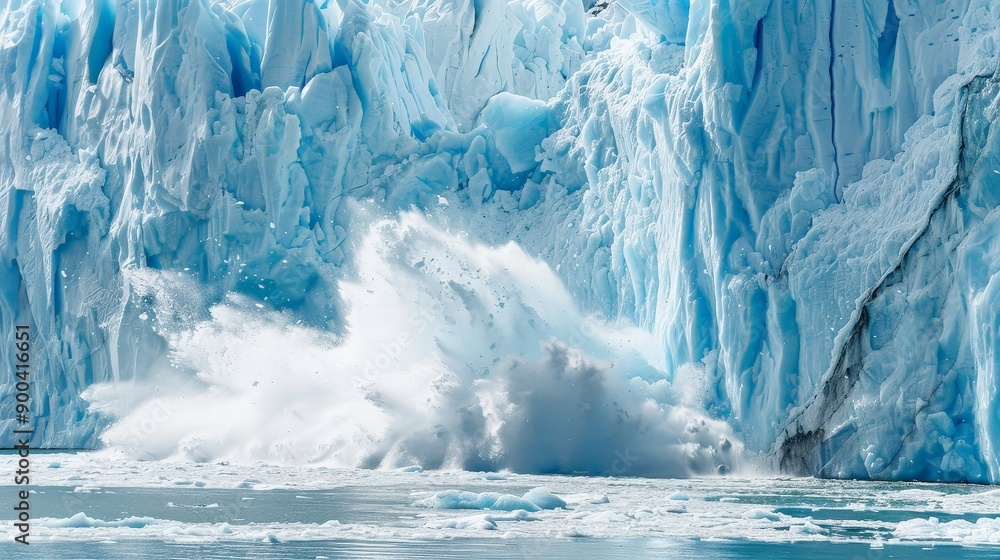 Melting glaciers with large chunks of ice breaking off into the ocean ...