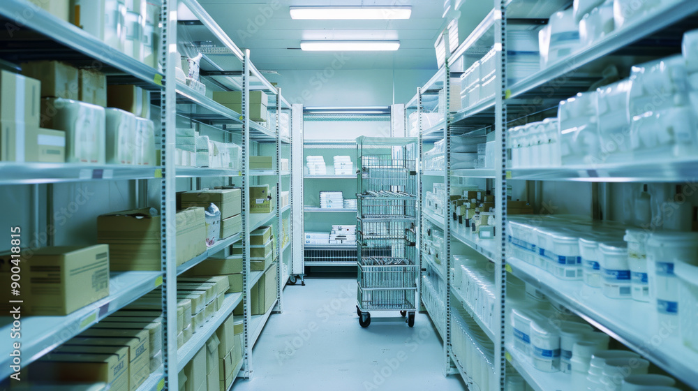 Well-organized storage room with metal shelves stacked with boxes and ...