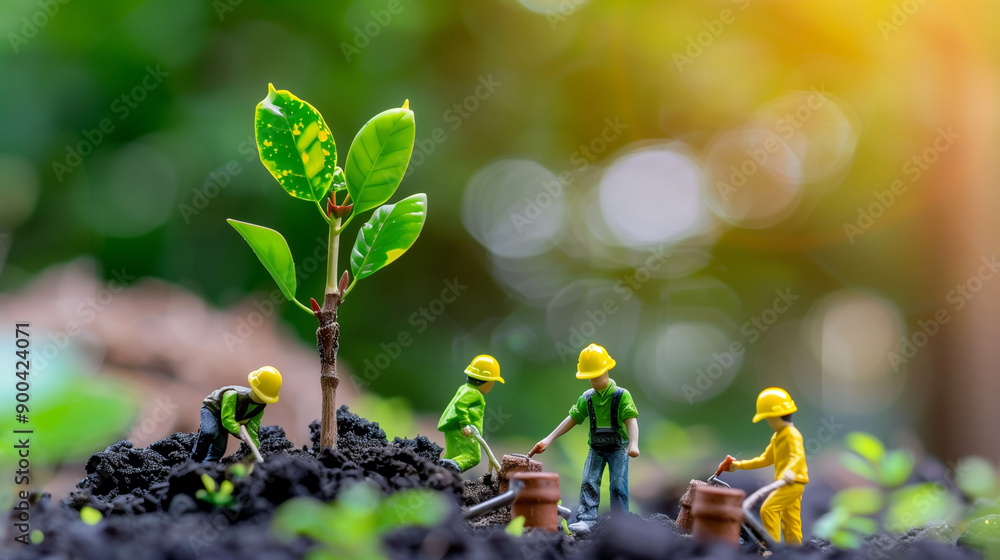 Miniature workers planting tree seedlings in soil with hard hats ...