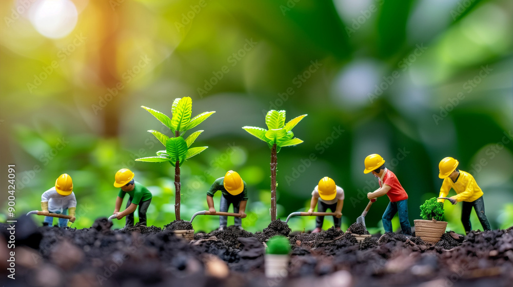 Miniature workers planting tree seedlings in soil with hard hats ...