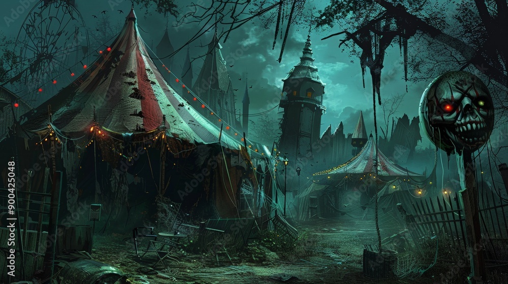 Depict a background of a haunted circus with tattered tents, creepy ...