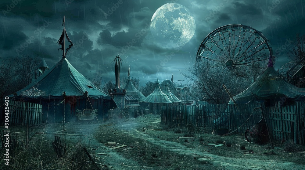Depict a haunted circus with tattered tents, broken rides, and creepy ...