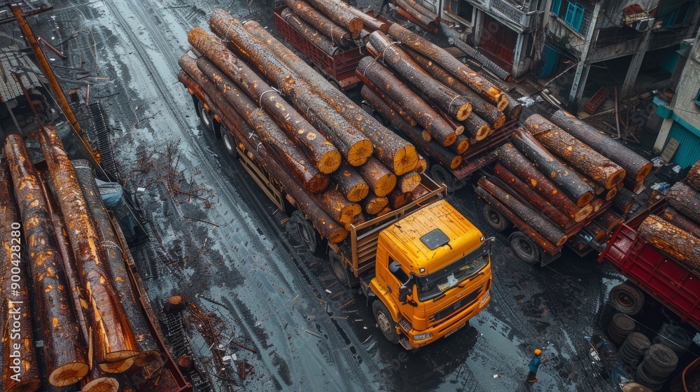 Amidst green expanses, a loaded timber truck points to an active ...
