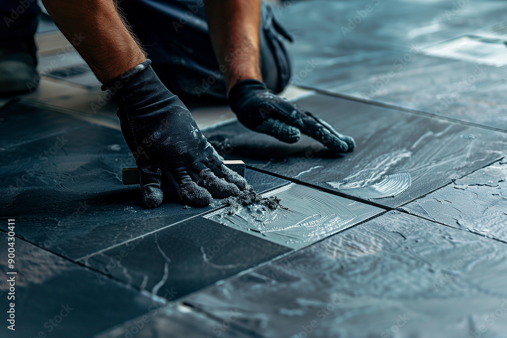 Professional craftsman laying slate tiles on a floor in a renovated ...