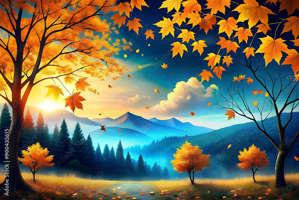 Picturesque landscape of Golden autumn, falling maple leaves. Suitable ...