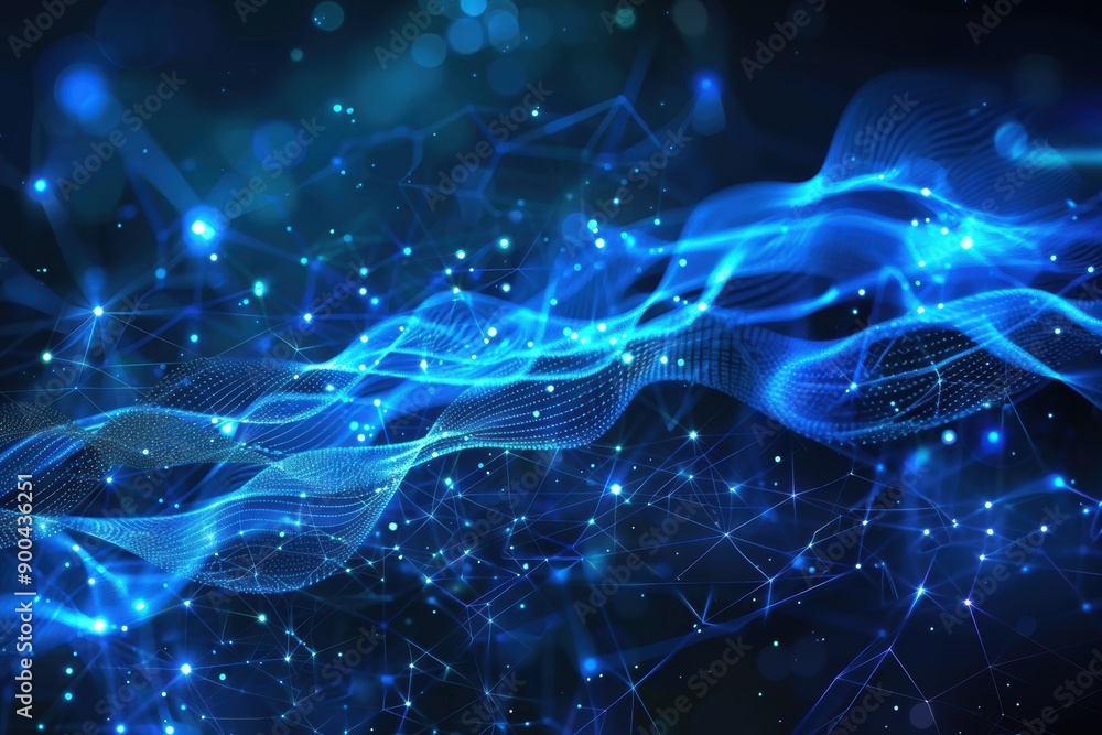 Abstract blue tech background with digital waves, dynamic network ...