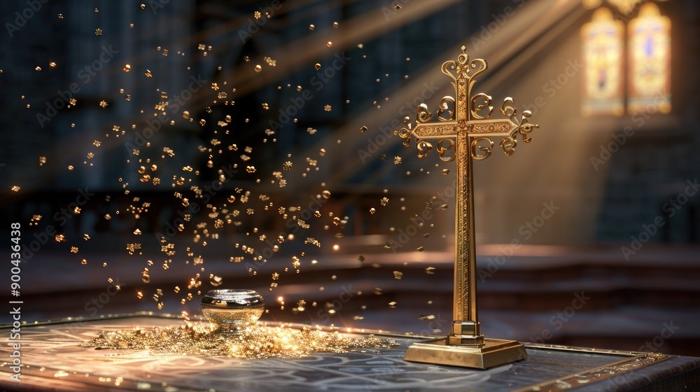 Golden Cross and Altar Candlestick With Particles Reflecting Light in a ...