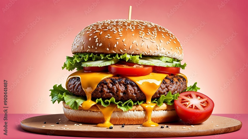 Single burger, vibrant background. The burger should be visually ...