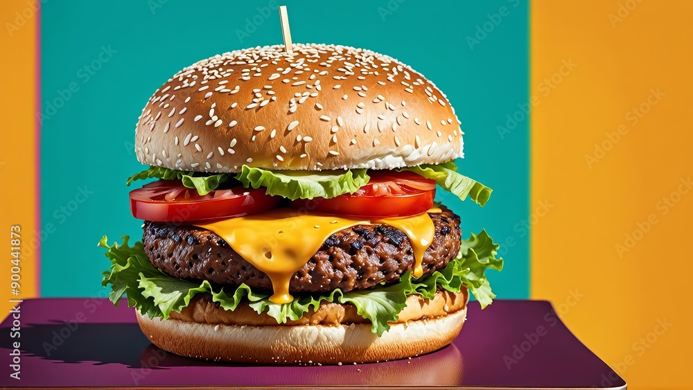 Single burger, vibrant background. The burger should be visually ...