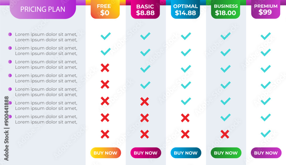 Business pricing plans table and pricing chart Price list for web or ...