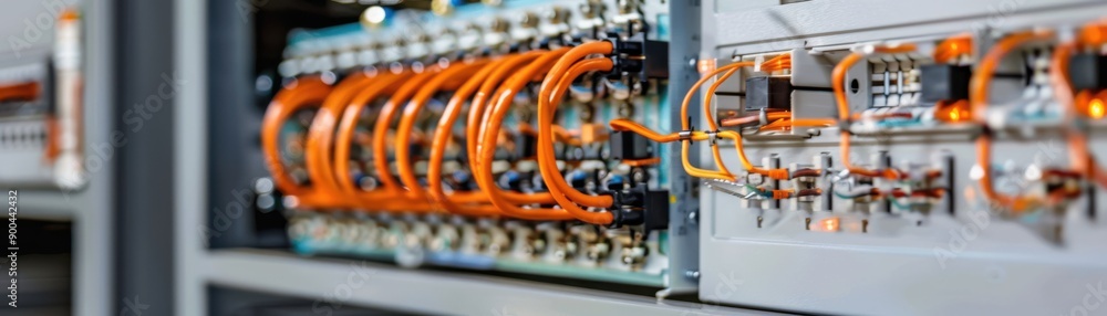 electrical connections with orange cables on a control panel showcasing ...