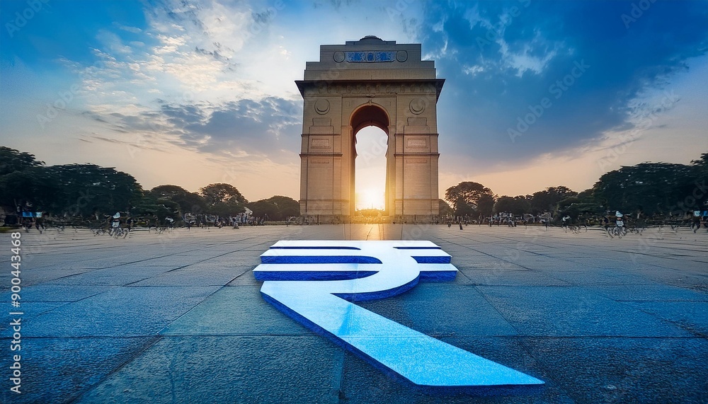 Blue color Indian rupee symbol placed on the desk in front of india ...