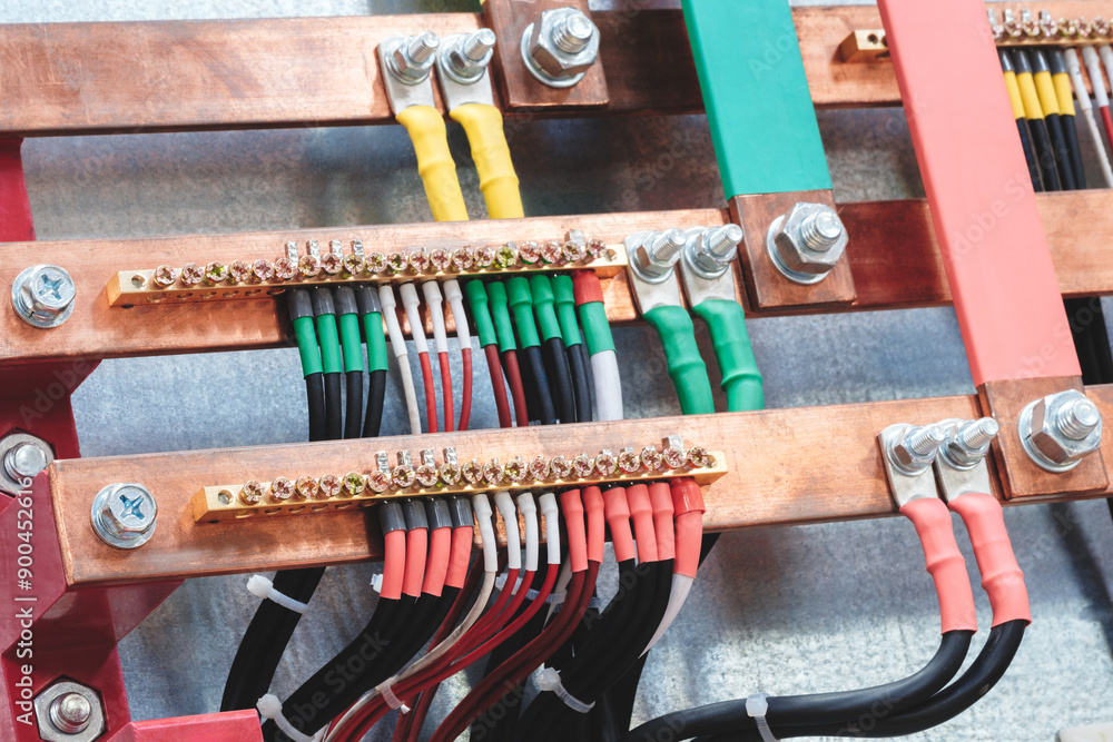 Many power electric wires multi-colored wires and nuts connected to ...