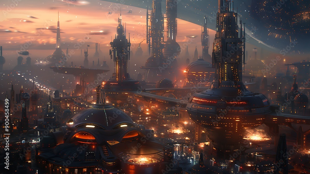 Futuristic spaceport bustling with activity diverse alien species and ...