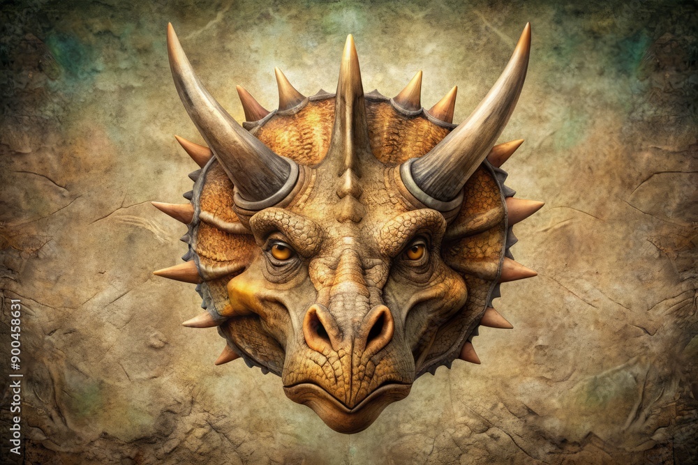 Majestic triceratops face with three horns stands out against a simple ...