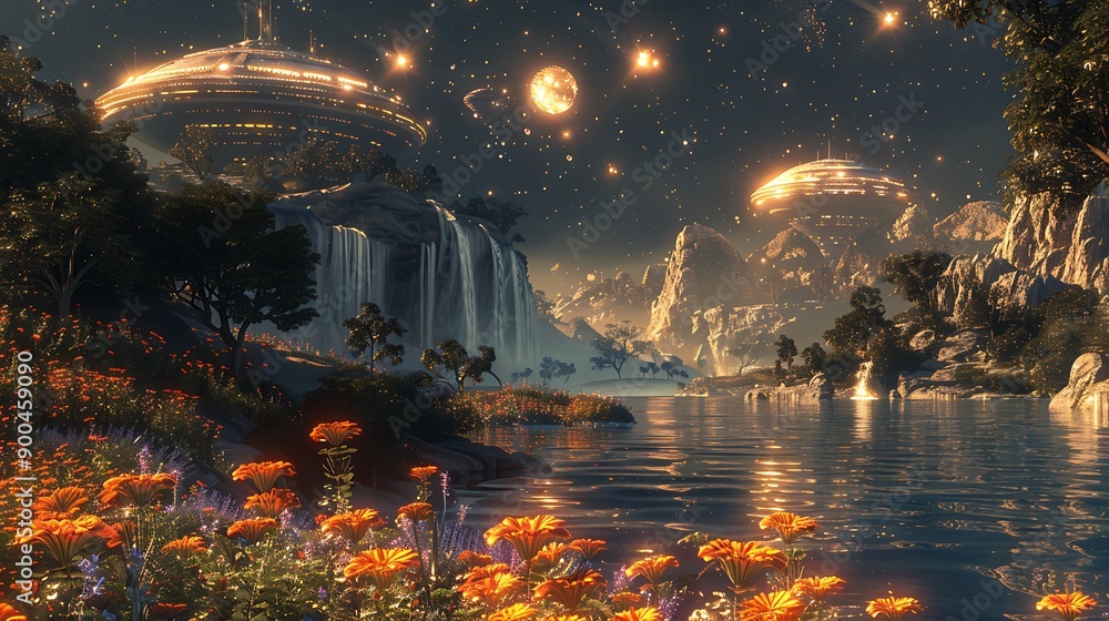 Alien spacecraft landing on a futuristic planet surface with strange ...