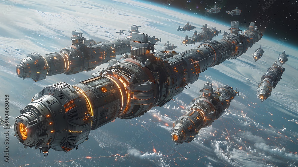 Spaceship fleet assembling in orbit around a massive space station ...