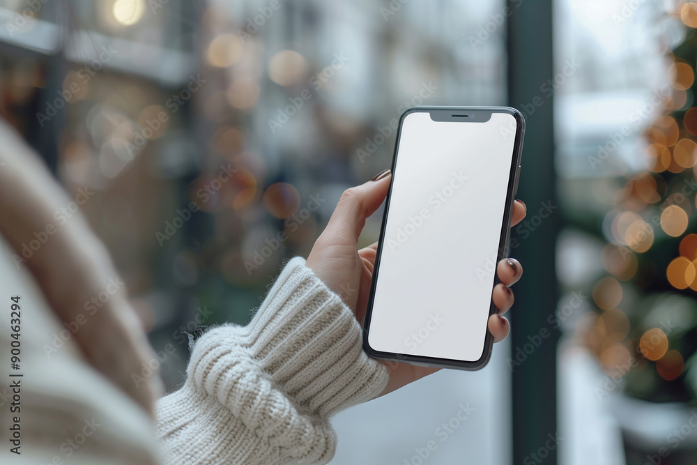 A mobile phone held in woman’s hand, with the screen facing the viewer ...