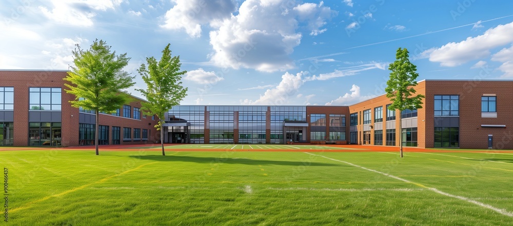 High school building with grass field and sports complex, modern ...